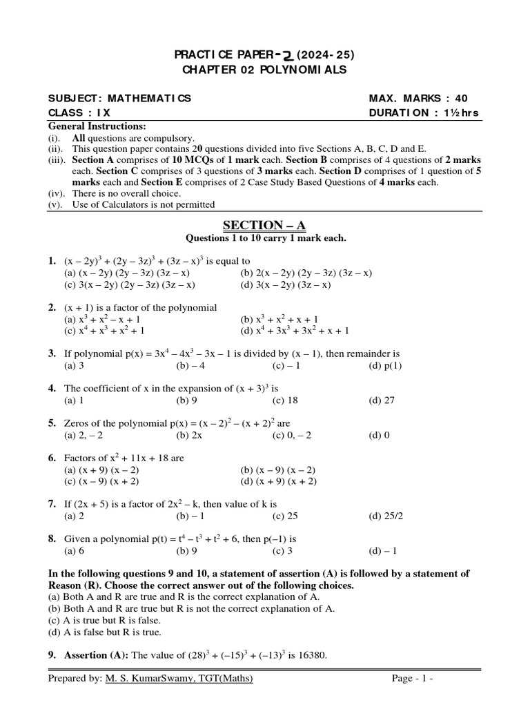 Maths Class Ix Chapter 02 Polynomials | PDF | Computational Science ... Maths Class Ix Chapter 02 Polynomials | PDF | Computational Science ...