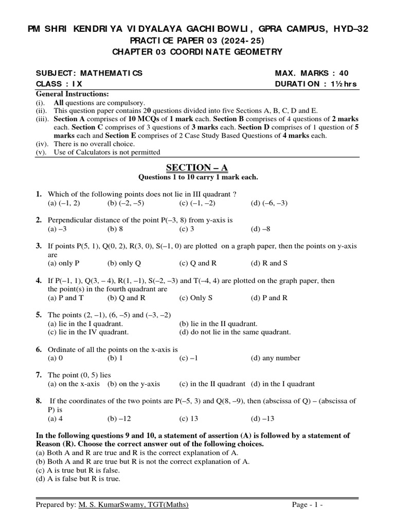 Class 9 Coordinate Geometry Practice Paper | PDF | Cartesian Coordinate ...