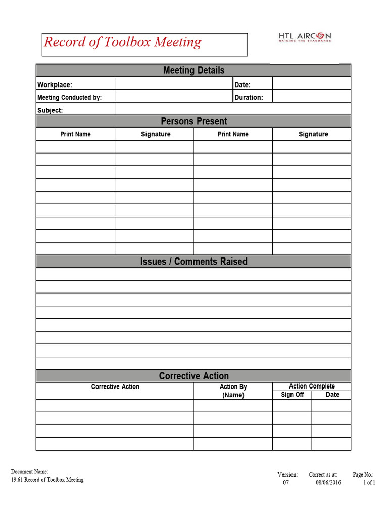 ToolBox Talk Record HTL | PDF