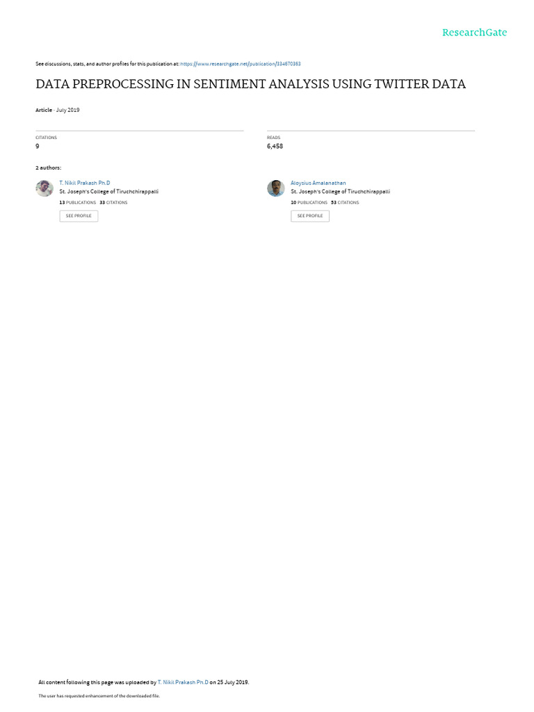 Data Preprocessing in Sentiment Analysis Using Twitter Data: July 2019 | PDF | Data | Machine ...