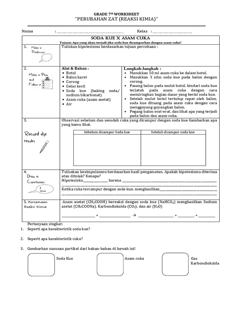 GRADE 7th WORKSHEET Reaksi Kimia Soda Kue X Cuka | PDF