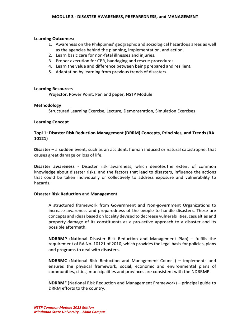 NSTP MODULE 3 Disaster Awareness Preparedness and Management | PDF | Emergency Management ...