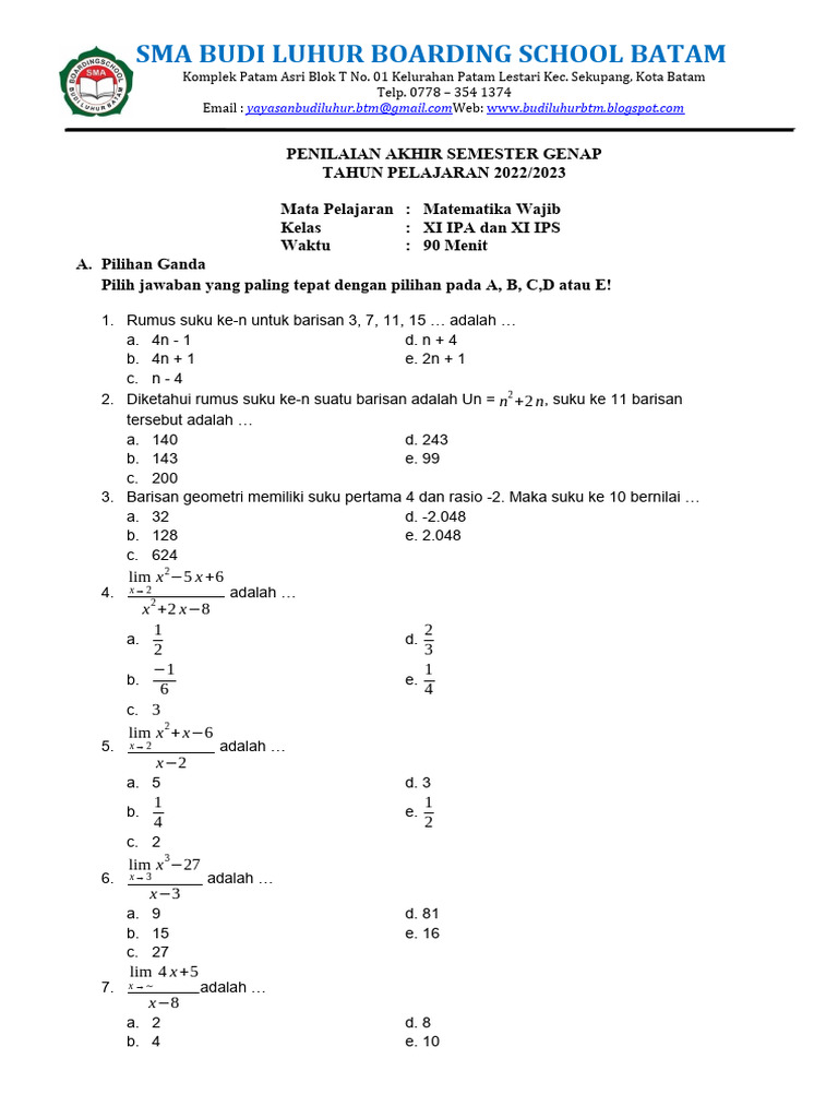 PAS Genap MTK Wajib 11 - Juni 2023 | PDF