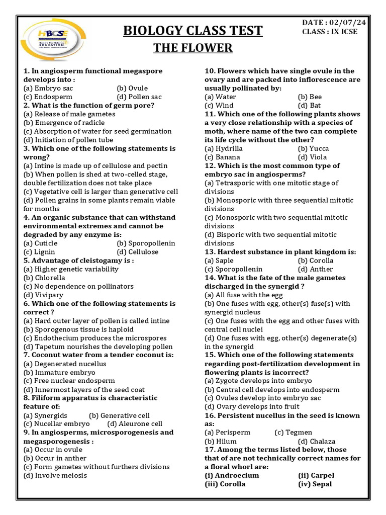 The Flower - (Class Test Ix Icse) Sakchi | PDF | Flowers | Biological ...