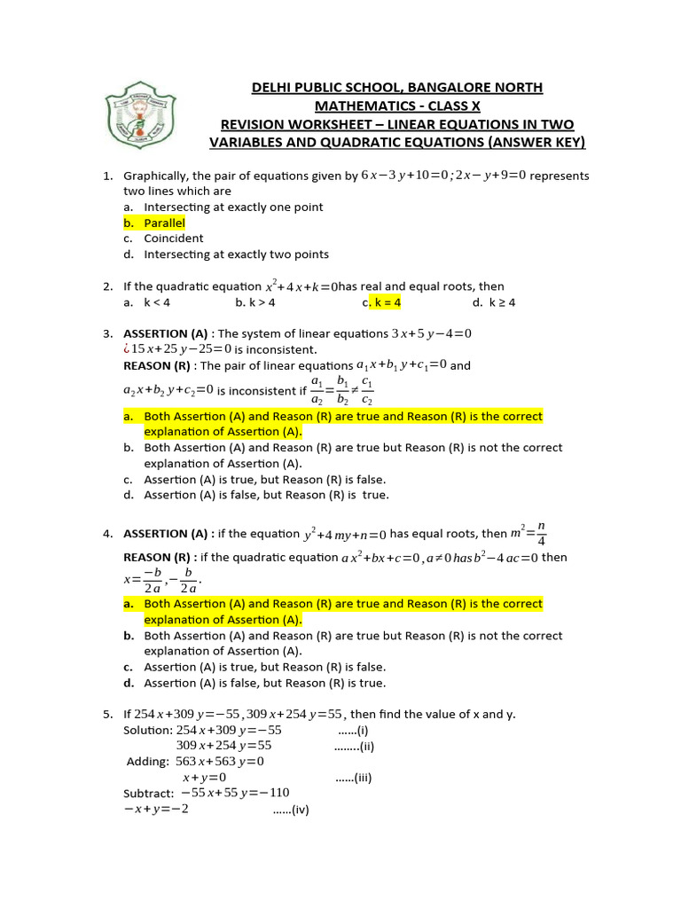 Linear, Quad Eqn AK Quarterly Rev WS | PDF | Equations | System Of Linear Equations