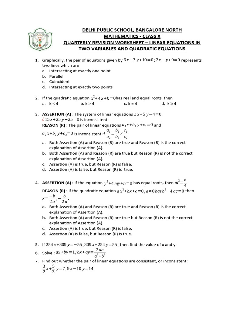 Linear,Quad Eqn Quarterly Rev WS | PDF | Equations | Mathematics