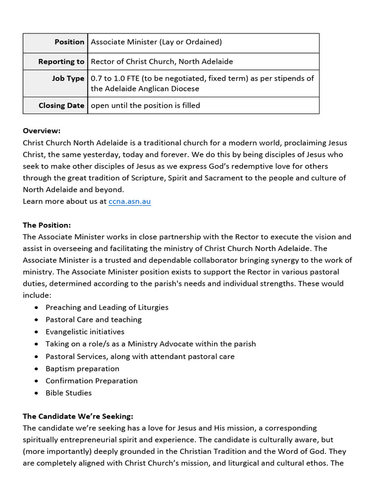 Associate Minister Job Description 1 | PDF | Jesus | Anglicanism