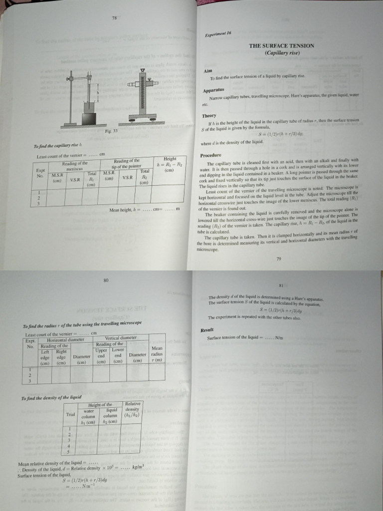 Surface Tension(Capillary Rise) Lab manual | PDF