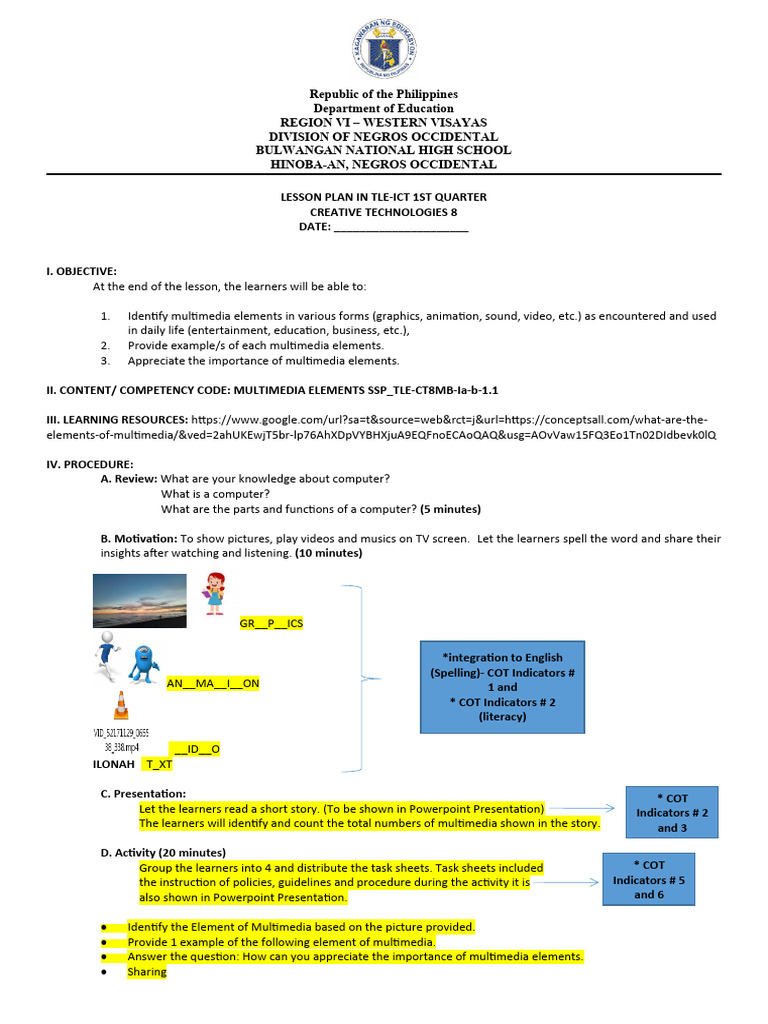 Creative Technology 8 Lesson Plan (1st Quarter) | PDF | Multimedia ...