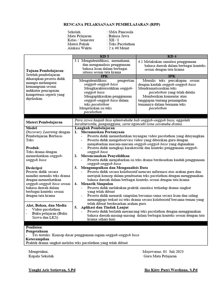 RPP Bahasa Jawa Kelas Xii | PDF