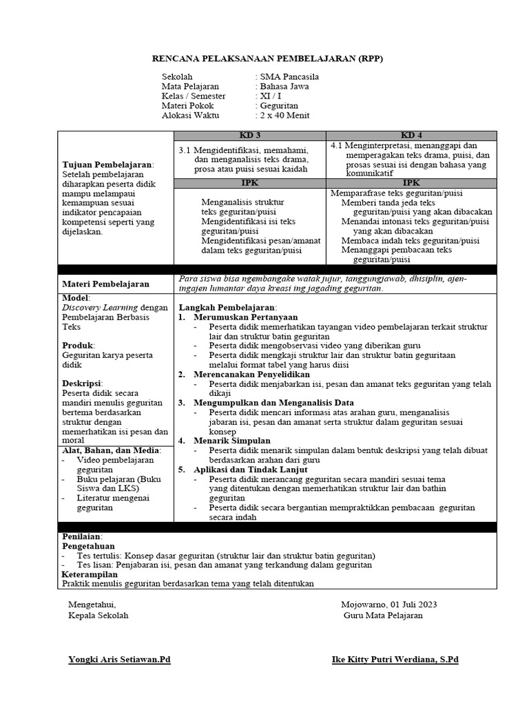 RPP Bahasa Jawa Kelas Xi | PDF