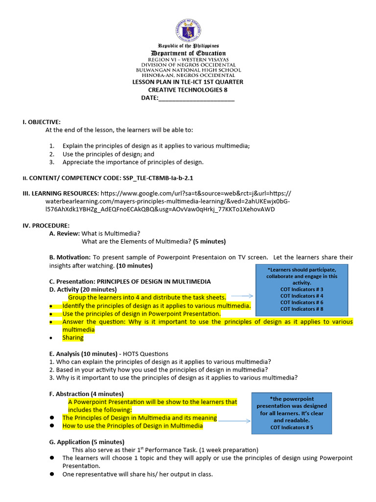 Creative Technology 8 Lesson Plan 1st Quarter | PDF | Multimedia ...