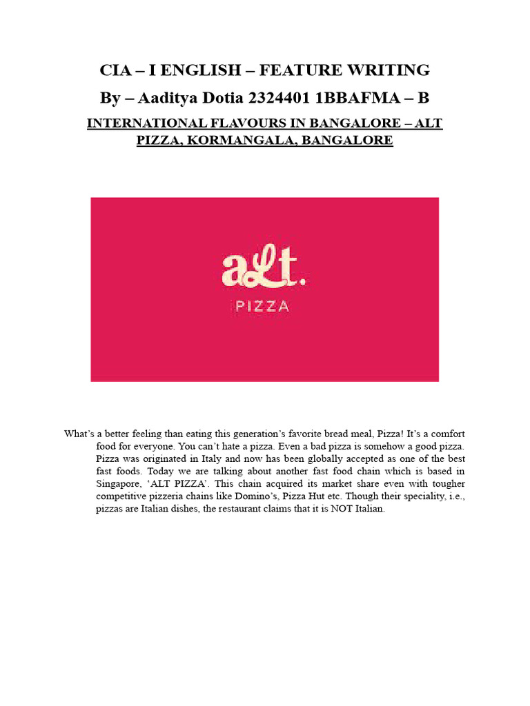 English CIA-1 Feature Writing | PDF | Pizza | Foods