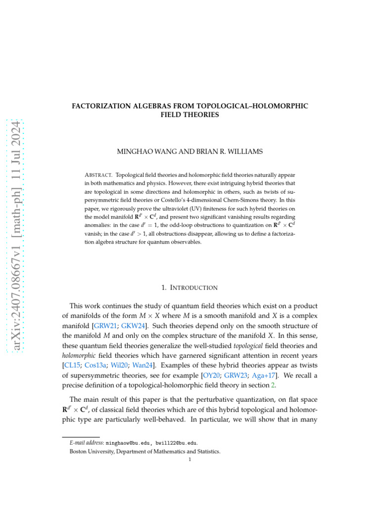 Factorization Algebras From Topological-Holomorphic Field Theories ...