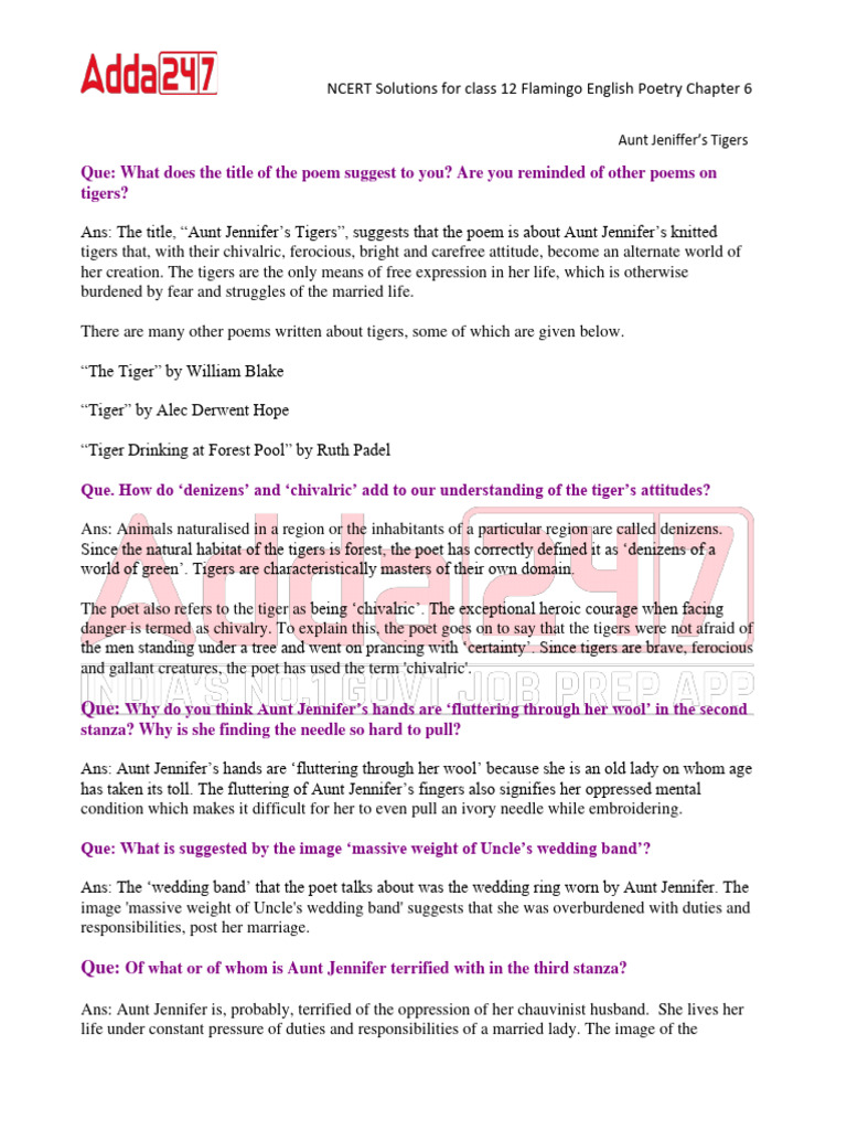 Aunt Jennifers Tigers | PDF | Chivalry | Poetry