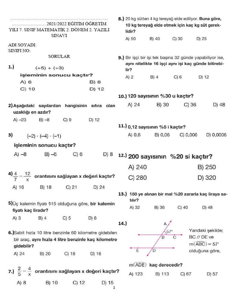 2021/2022 EĞİTİM ÖĞRETİM Yili 7. Sinif Matematik 2. Dönem 2. Yazili Sinavi Adi Soyadi: Sinifi No ...