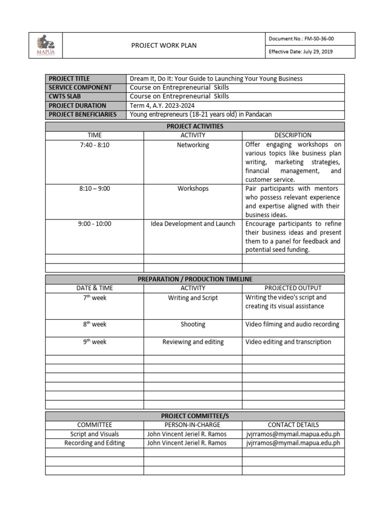 Ramos - JVJ - CWTS103 - A9 - Project Work Plan Form | PDF | Human ...