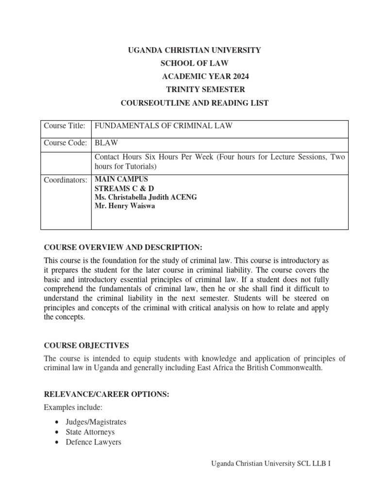 LLB I - Course Outline Fundamentals of Criminal Law Trinity Semester ...