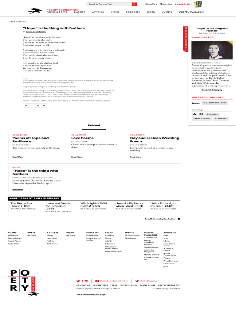 "Hope" Is The Thing With Feathers by Emily Poetry Foundation | PDF ...