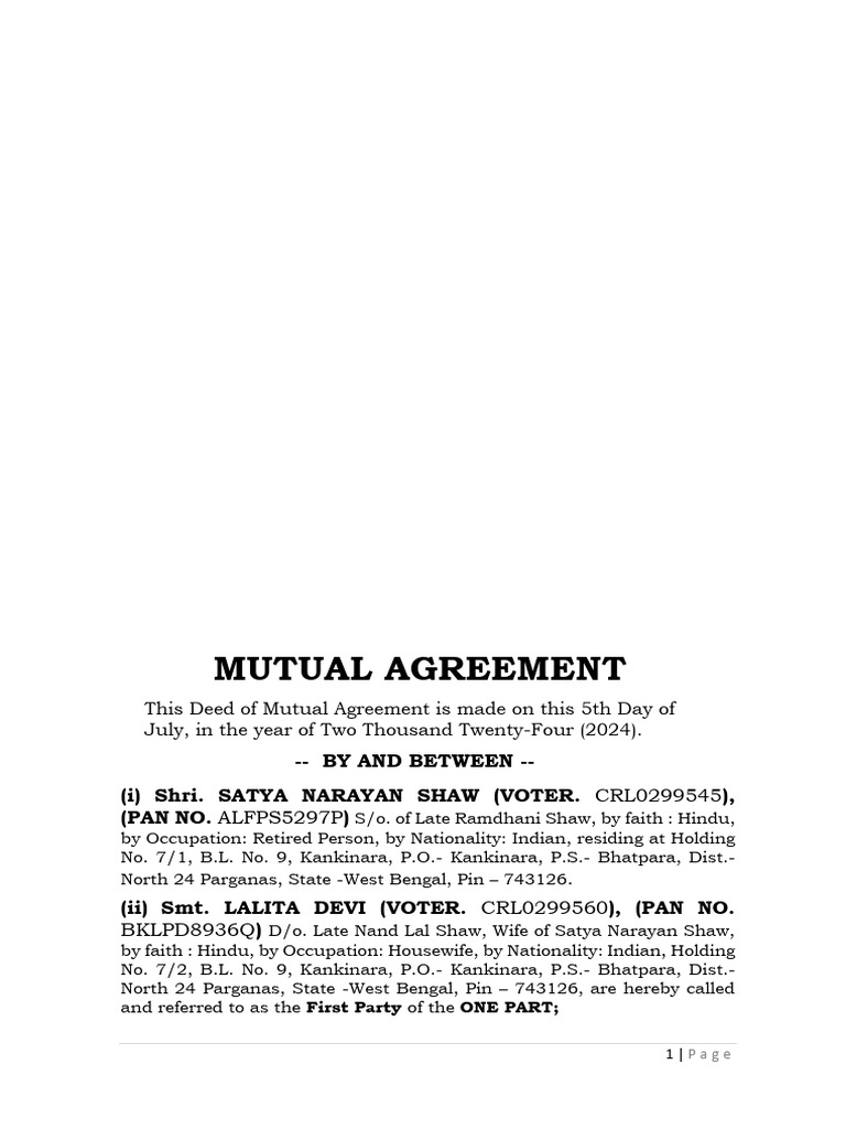 Mutual Agreement for Family Property Care | PDF | Deed | Private Law