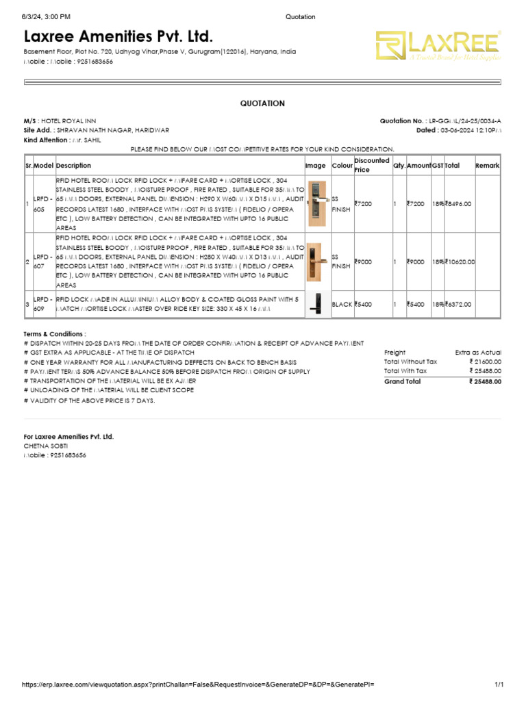 Quotation For Hotel Royal Inn | PDF