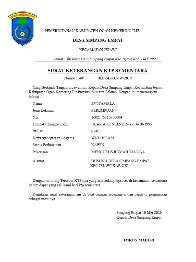 Contoh KTP Sementara Desa Simpang Empat | PDF