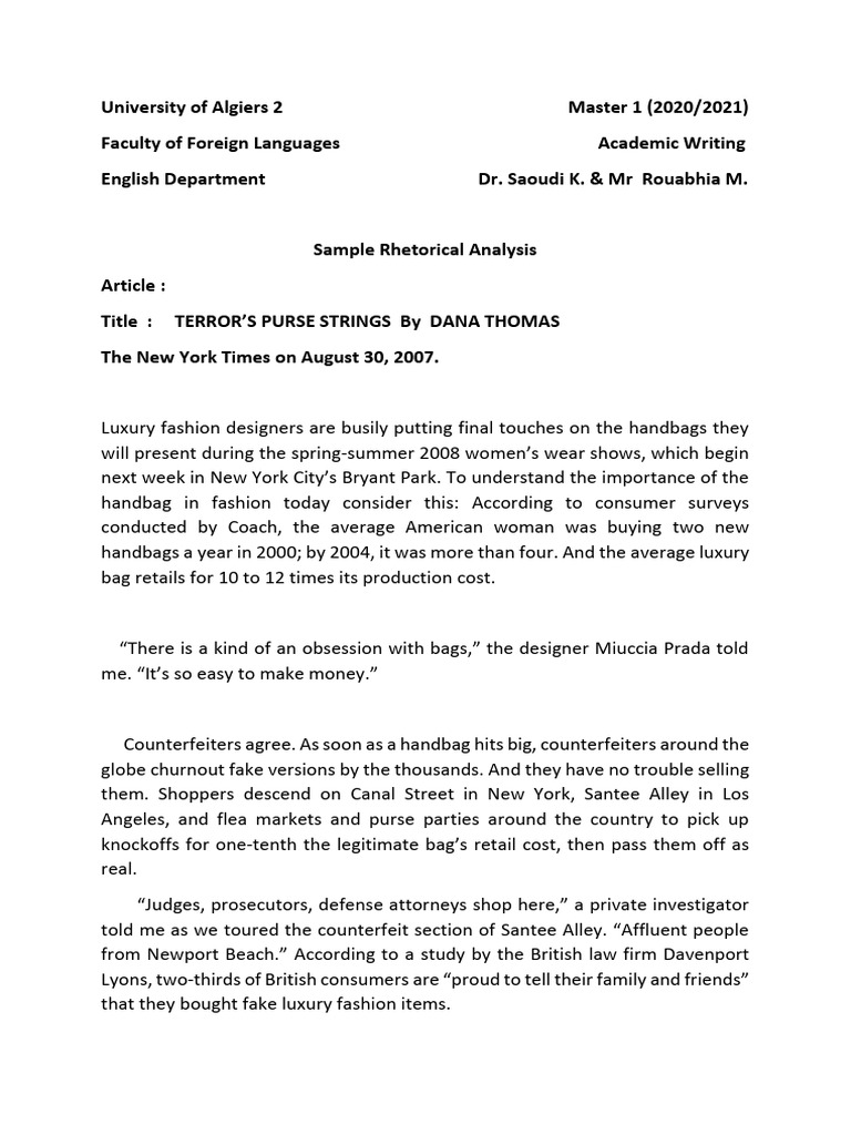 Sample Rhetorical Analysis | PDF | Counterfeit | Essays