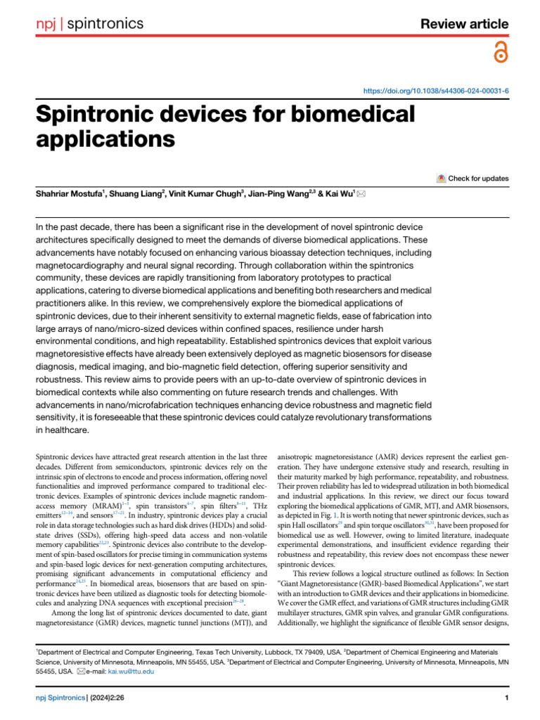 1 NPJ Spintronics-Spintronicsbiosensor 2024 | PDF | Biosensor | Electromagnetism