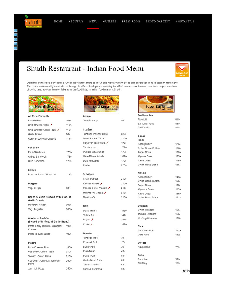 Indian Vegetarian Food Menu - Shudh Restaurant | PDF | Indian Cuisine ...