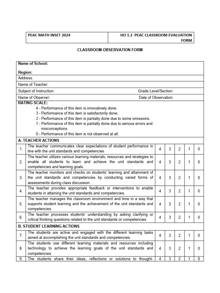 PEAC Classroom Observation Evaluation Form | PDF | Teachers | Learning