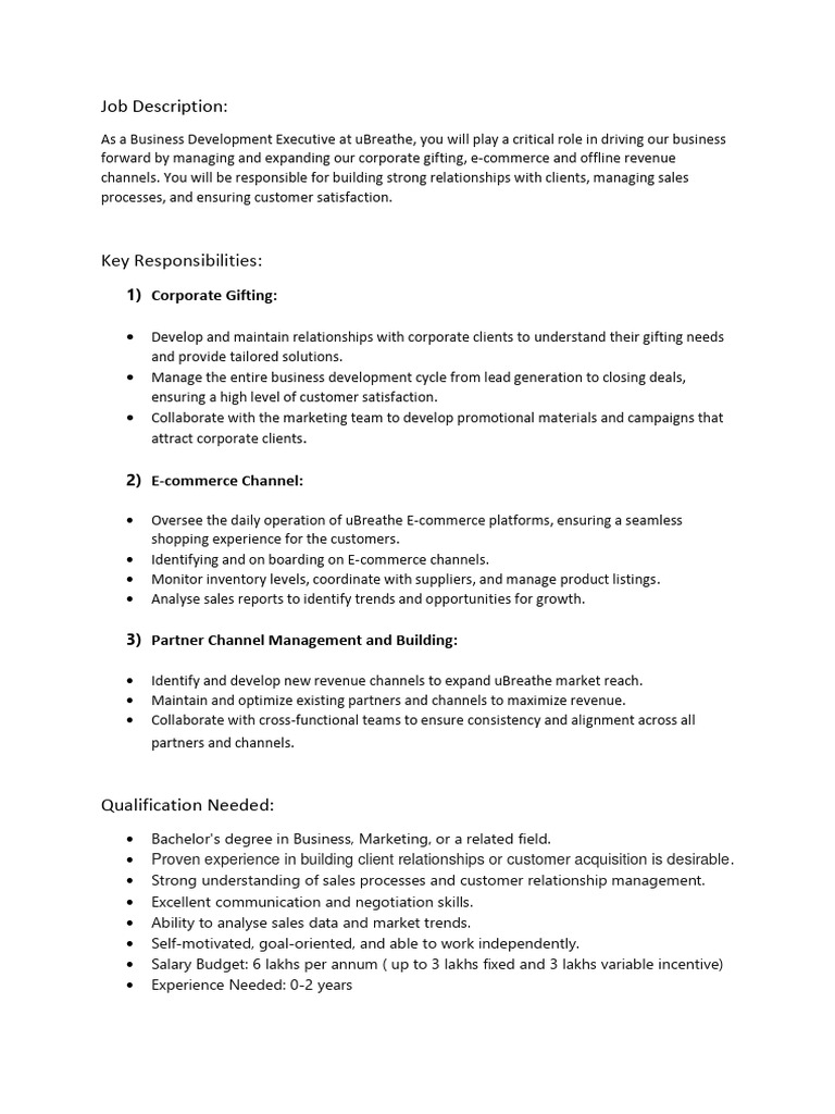 Business Development Executive Role at uBreathe | PDF | Finance & Money ...