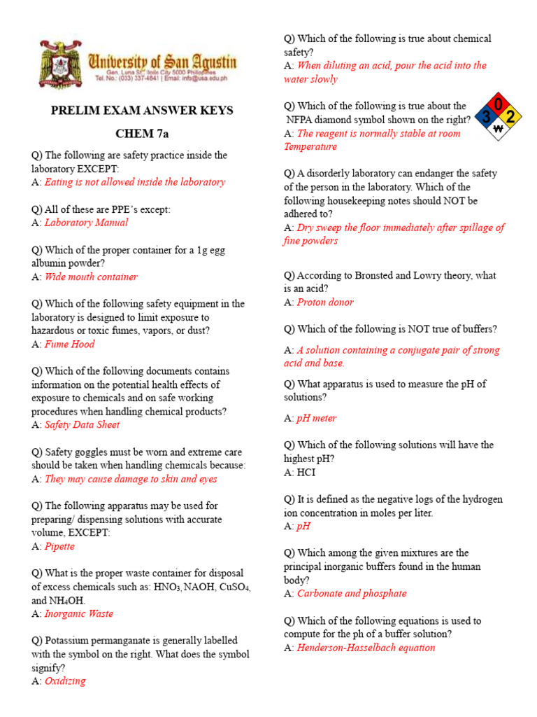 Chem 7a Preliminary Exam Answer Keys | PDF | Acid | Buffer Solution