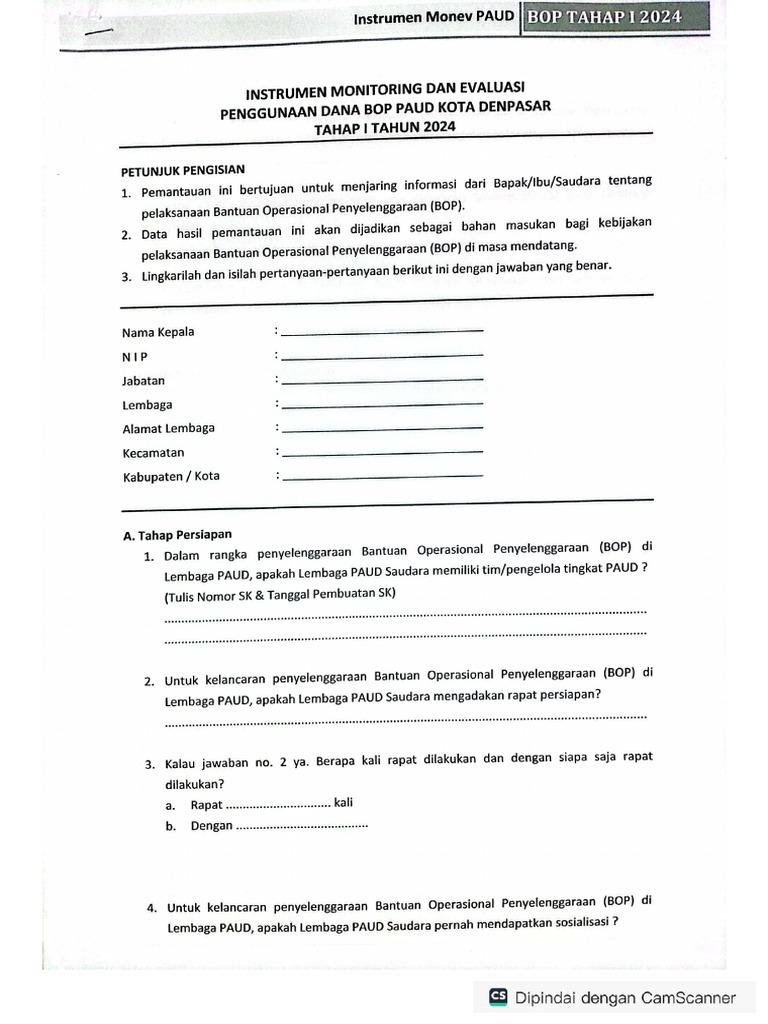 Instrumen Monev BOP PAUD Kota Denpasar Tahap 1 Tahun 2024 | PDF