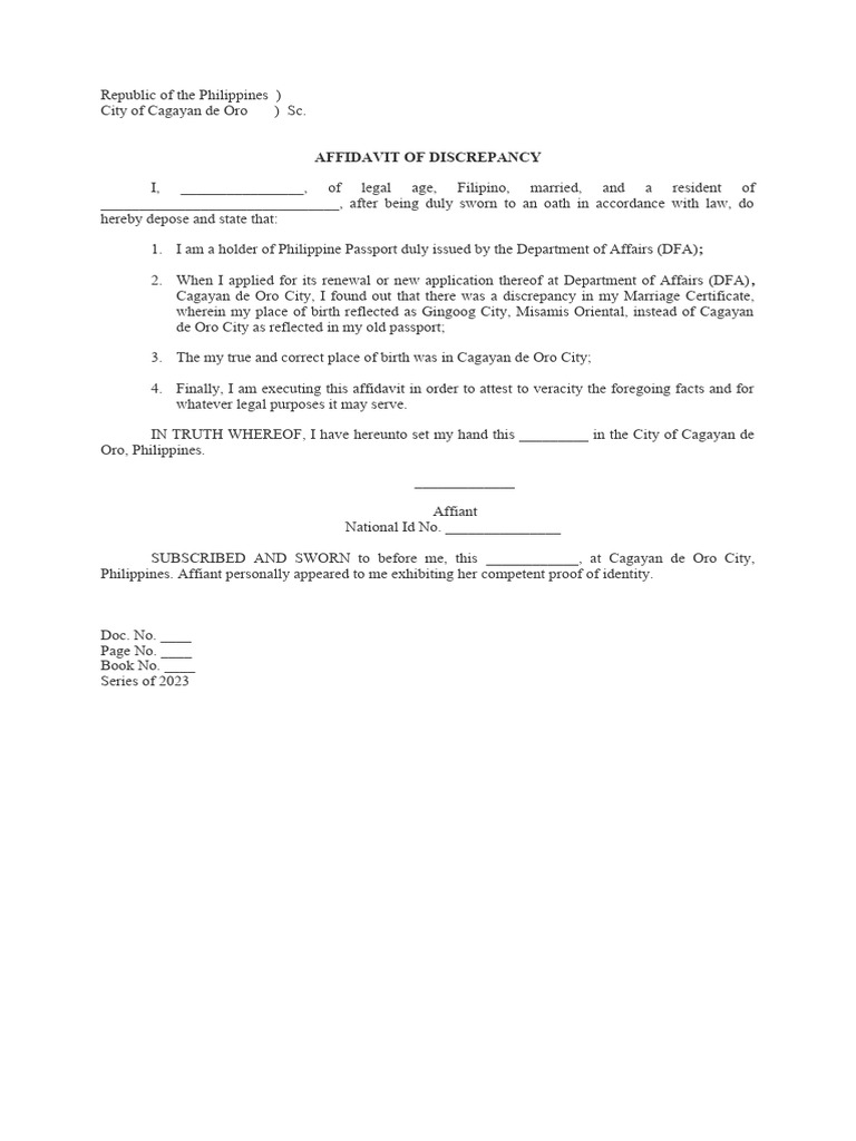 Affidavit of Discrepancy for DFA | PDF