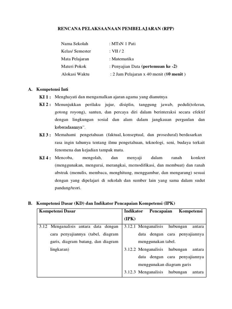 RPP Matematika: Penyajian Data Kelas VII | PDF | Metode & Bahan Ajar ...