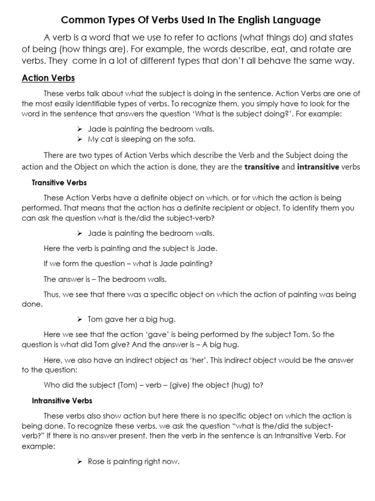 Common Types Of Verbs Used In The English Language | Download Free PDF ...