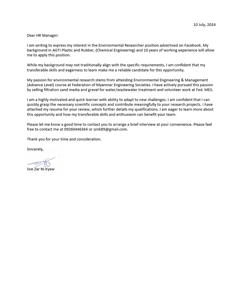 Cover Letter To Thant Myanmar | PDF