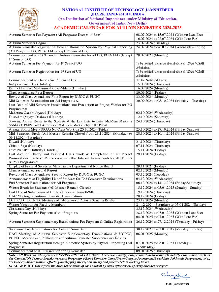 Academic Calendar For Autumn & Spring Semester 2024-2025 | PDF ...