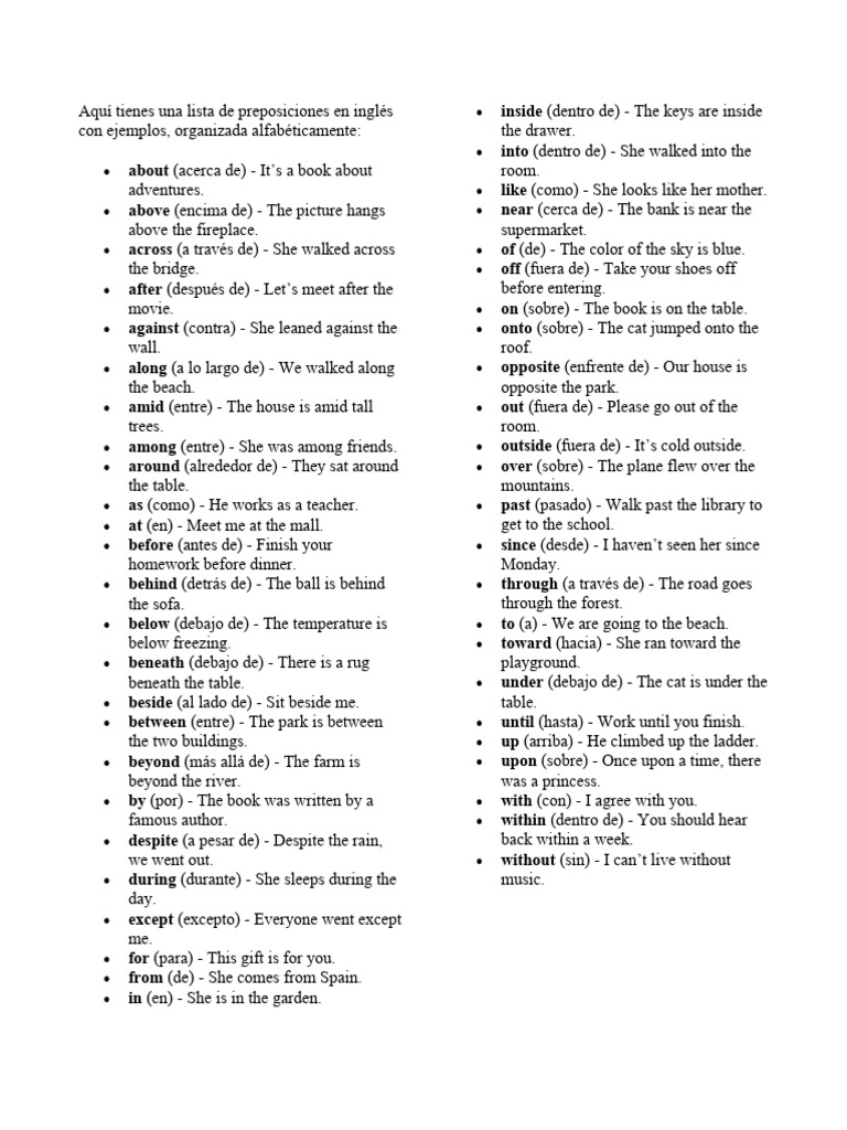 Aquí Tienes Una Lista De Preposiciones En Inglés Con Ejemplos Pdf