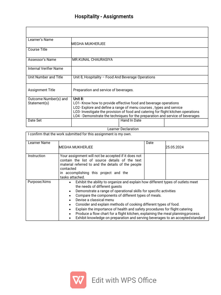 Hospitality-2 Assignments Written | PDF | Bar (Establishment) | Cooking