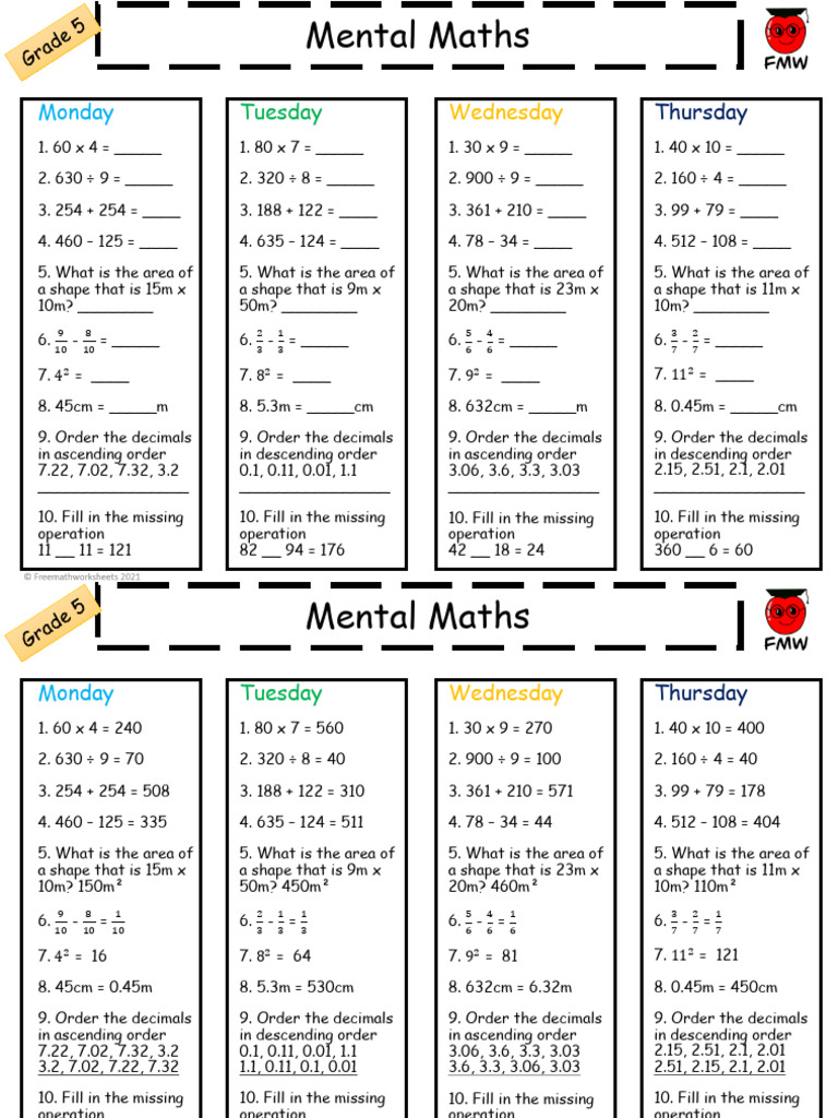 Grade 5 Mental Maths Worksheets | PDF