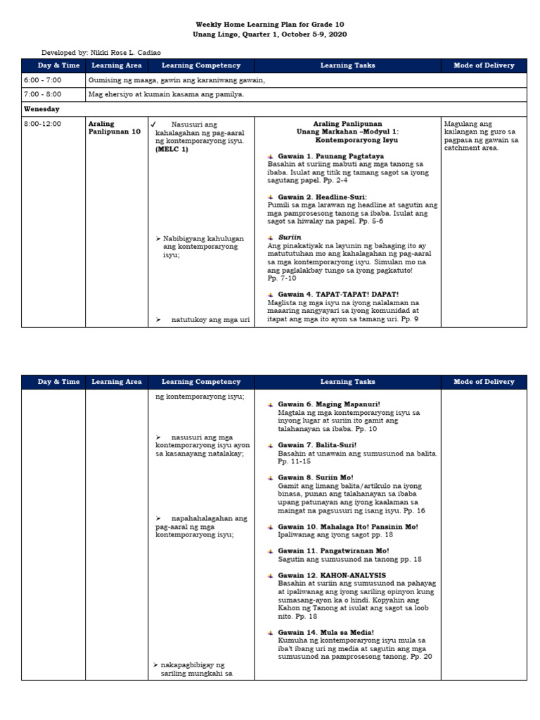 Ap10 Weekly Home Learning Plan October 5 9 | PDF