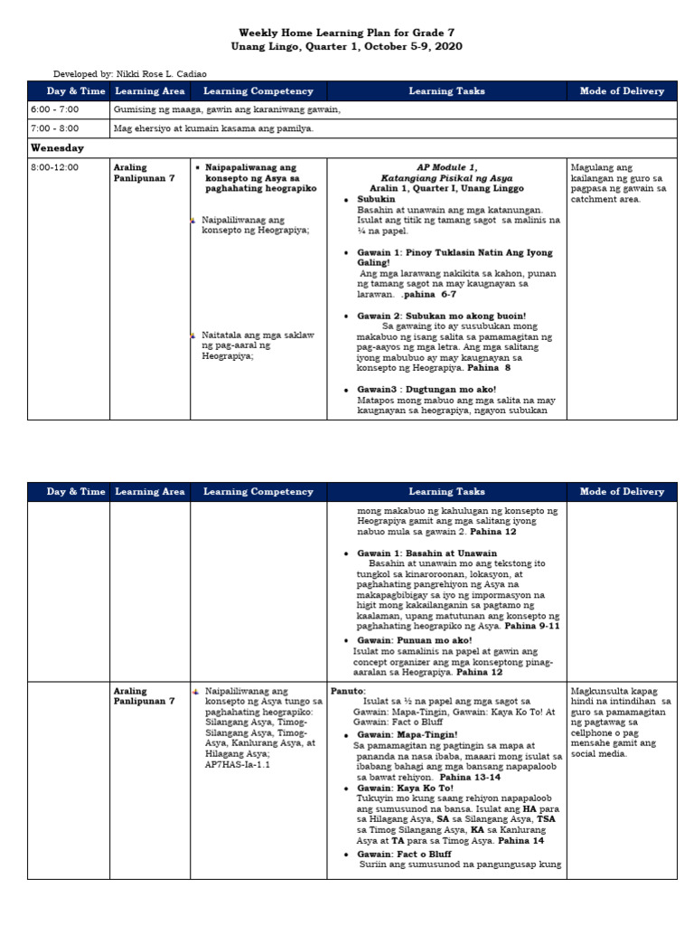 Ap7 Weekly Home Learning Plan October 5 9 | PDF