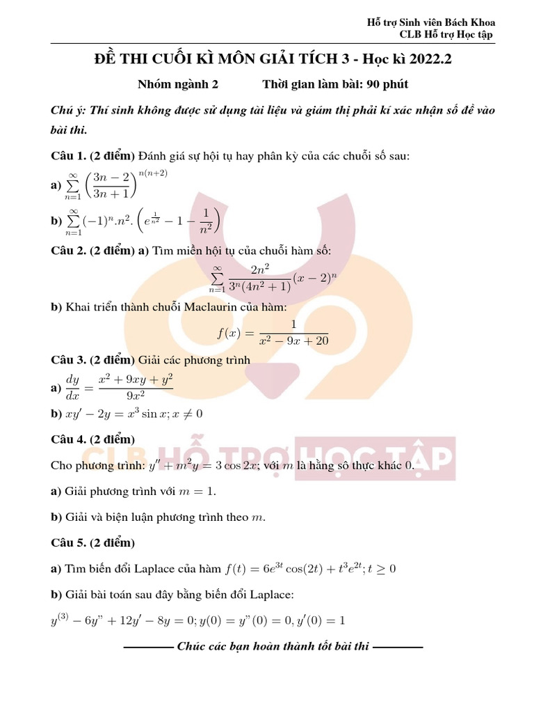 Đề thi+đáp án NN2 Giải tích 3 20222 FAMI | PDF