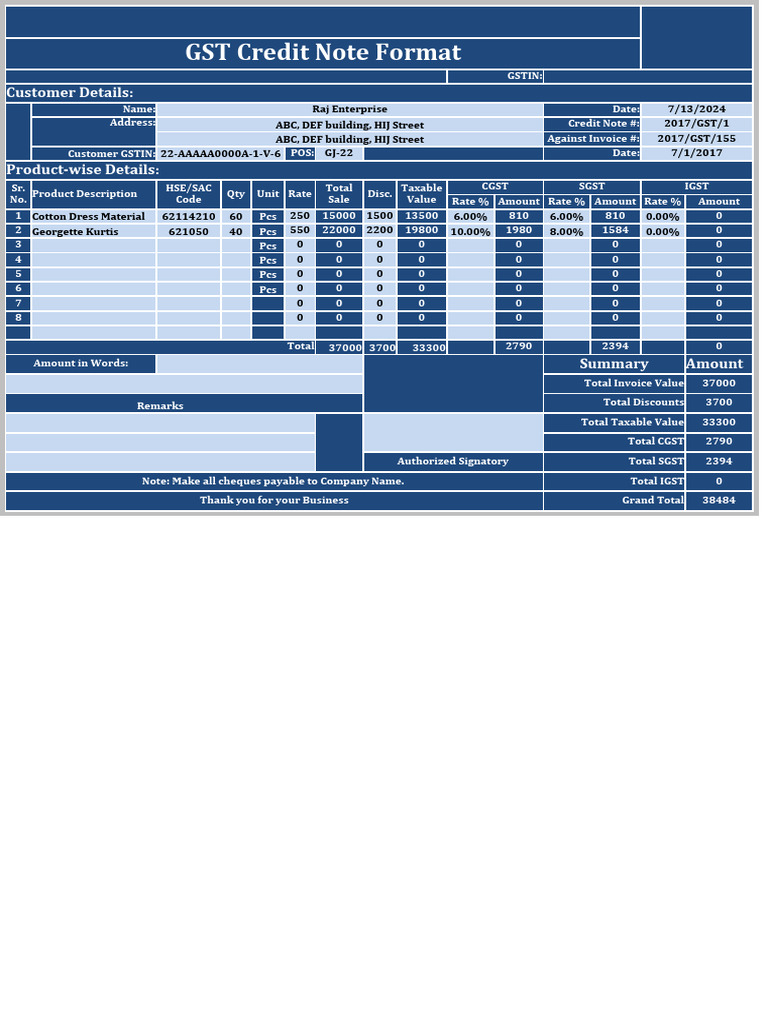 GST Credit Note Format | PDF | Value Added Tax | Payments
