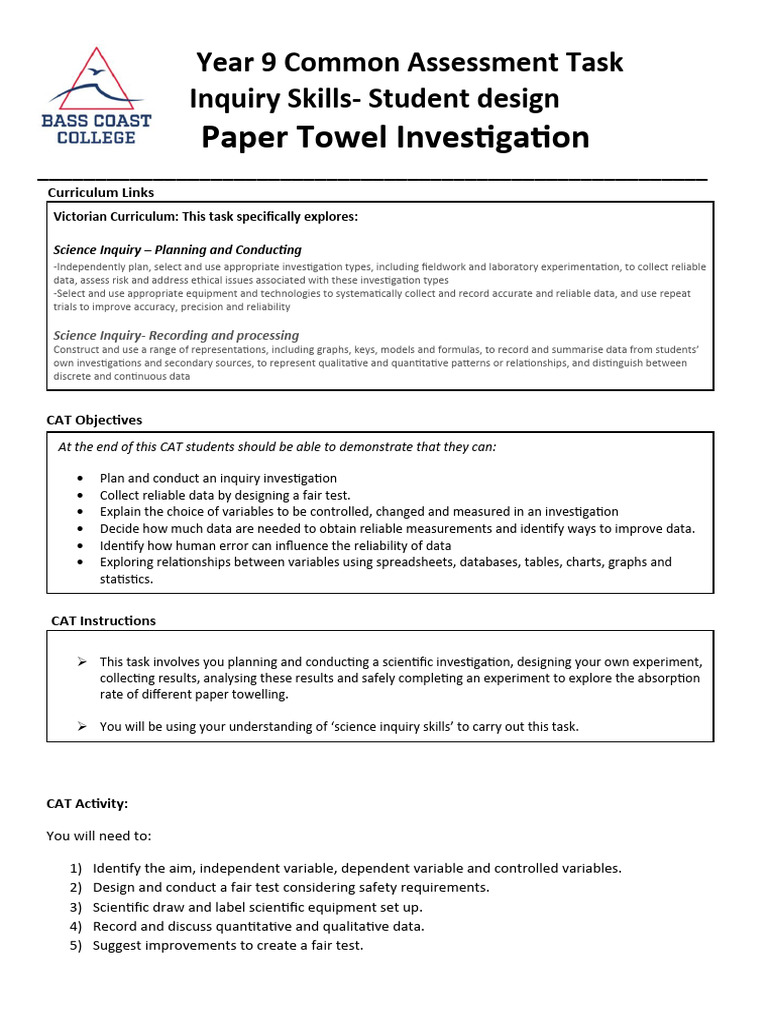 CAT Paper Towel Investigation | PDF | Experiment | Data