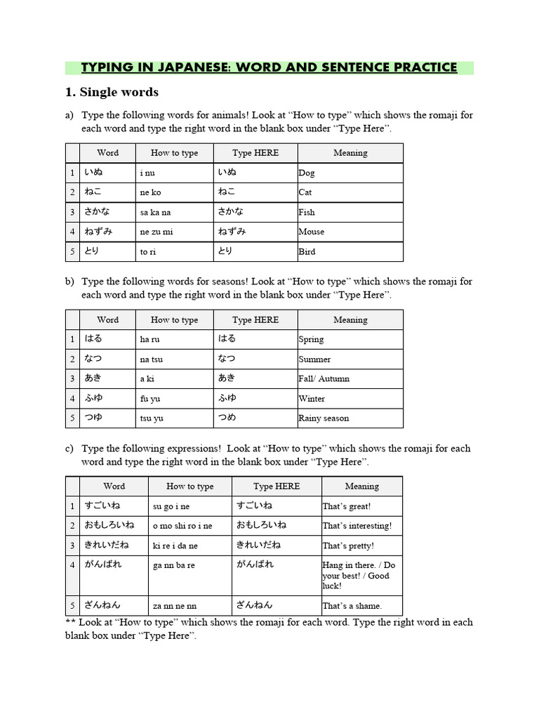 TYPING IN JAPANESE- WORD AND SENTENCE PRACTICE | PDF