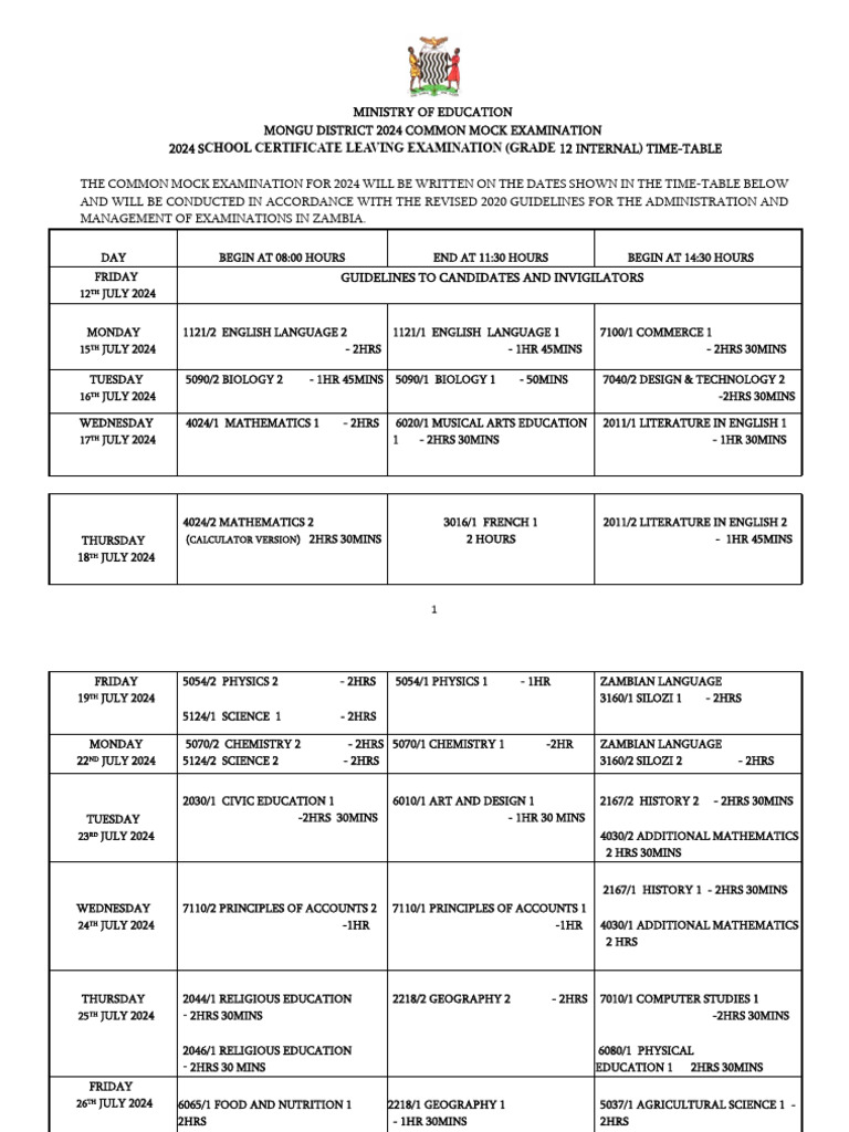 2024-School Certificate Common Mock Time Table | PDF | Science