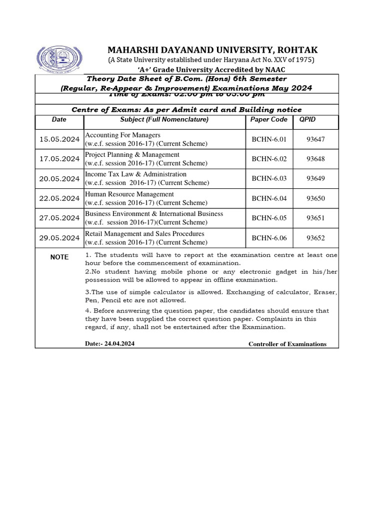 4 - 04-24-2024 - 16-11-23 - B.Com Hons 6th Sem May 24 | PDF | Career & Growth | Business