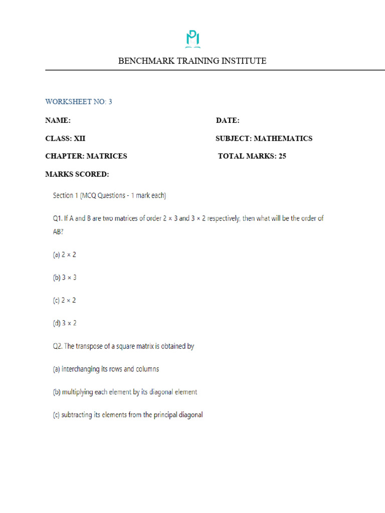 Worksheet3 Matrices | PDF